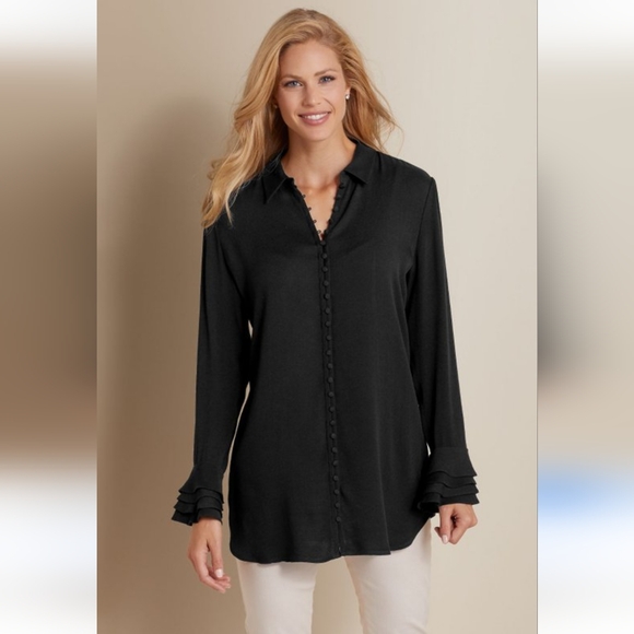 Soft Surroundings | Tops | Soft Surroundings Black Ruffle Sleeve Button ...